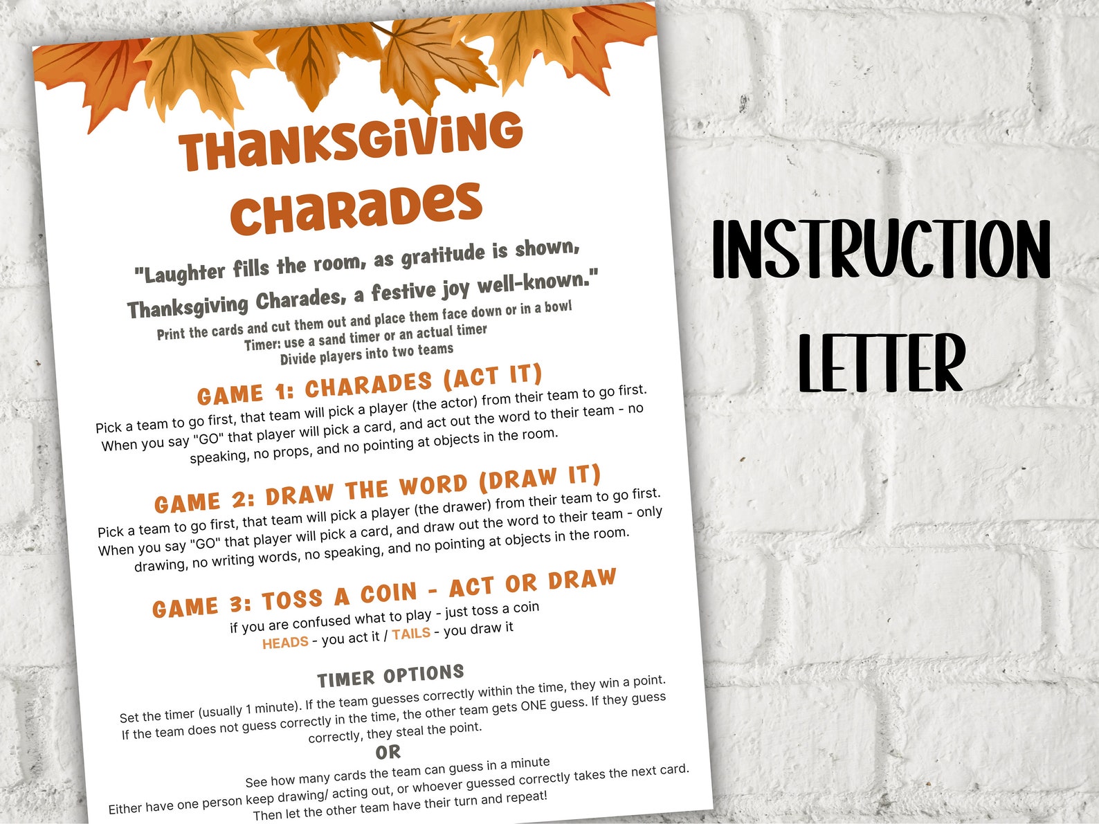 Thanksgiving Charades I Charades Pictionary I Fall Game Cards I Family ...