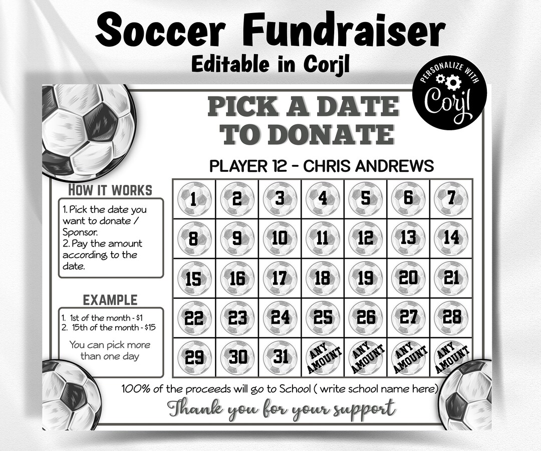 Pick A Date to Donate | Editable Calendar | Soccer Fundraiser Template ...