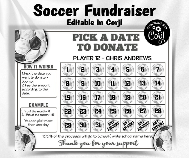 Pick A Date to Donate Editable Calendar Soccer Fundraiser Template Pay ...