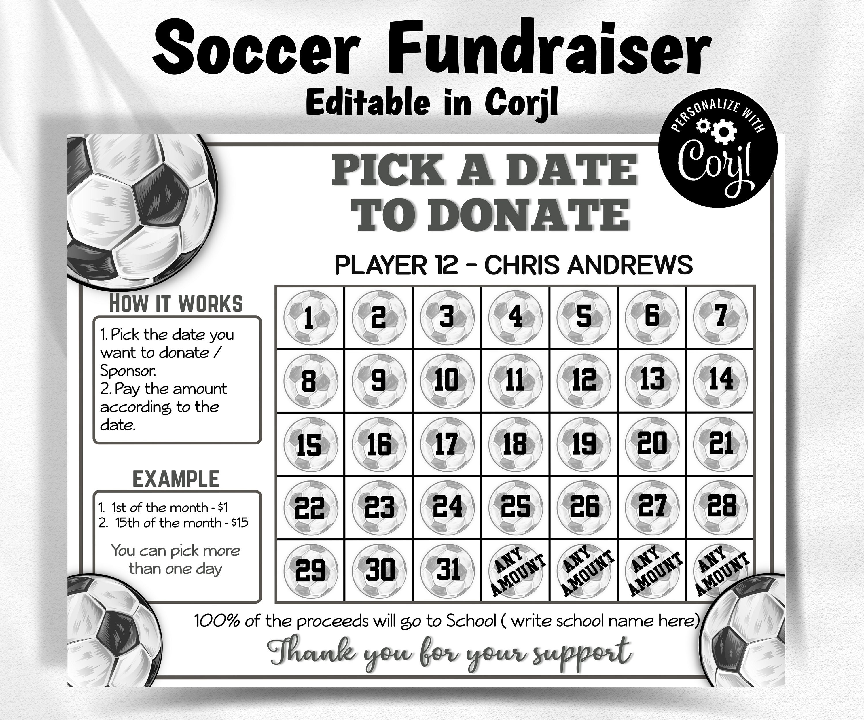 Pick A Date to Donate | Editable Calendar | Soccer Fundraiser Template ...
