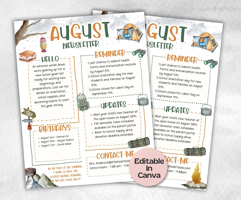 August Camping Classroom Newsletter, Daycare Class Newsletter ...