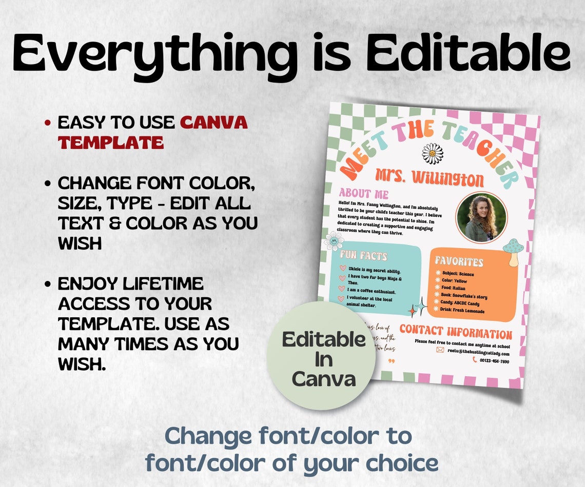 Groovy Meet the Teacher Canva Editable Template, Teacher Introduction ...