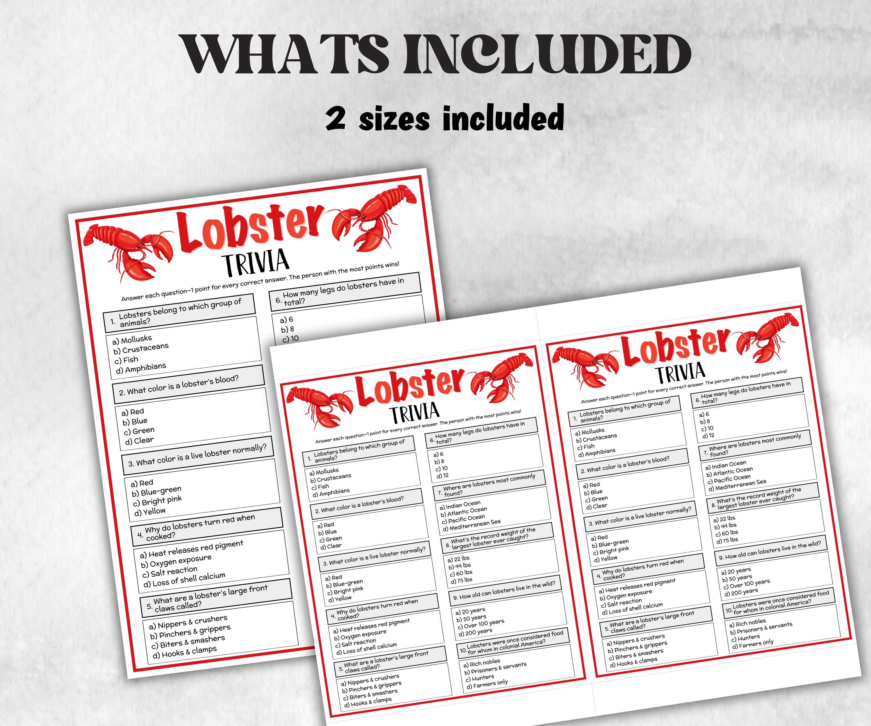 Printable Lobster Trivia, Lobster Theme Birthday, Seniors Trivia Night ...