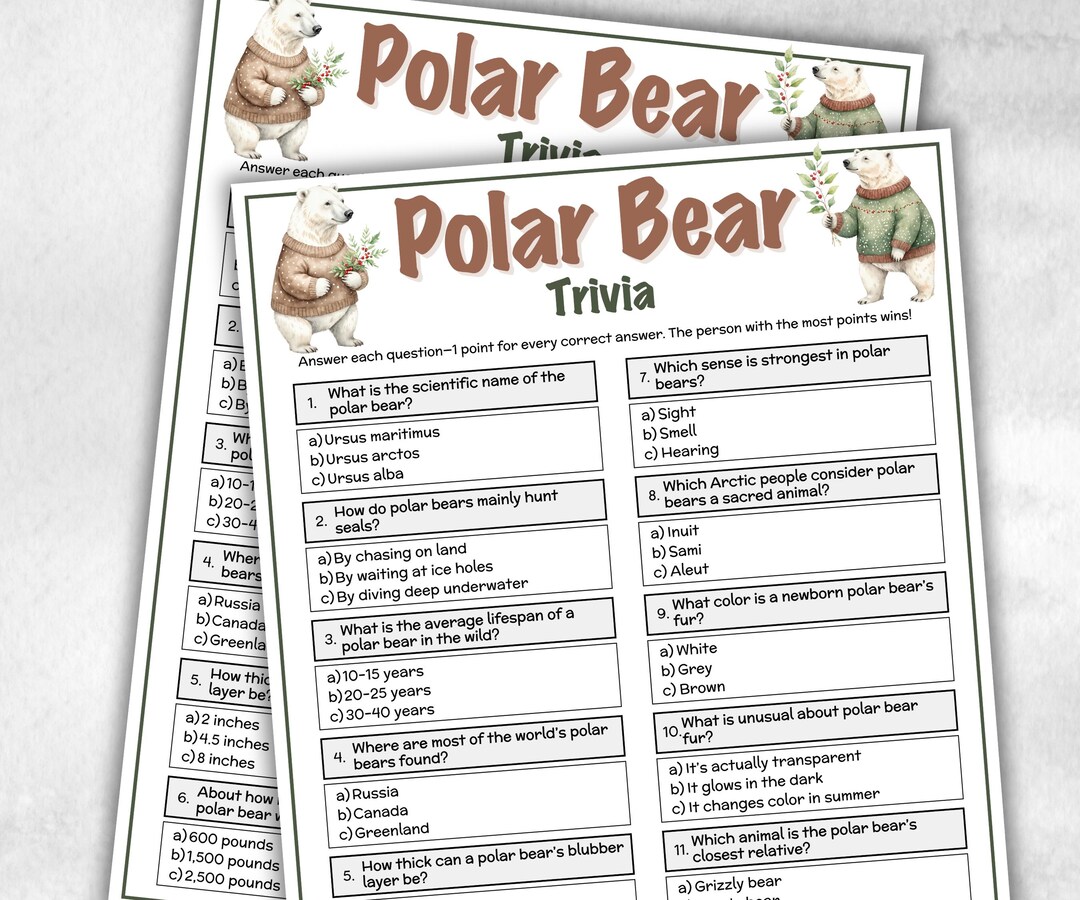Printable Polar Bear Trivia, Xmas Party Idea, Celebration Group Game ...