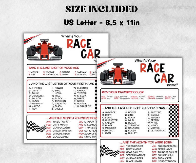 What is Your Race Car Name Printable Game, Office Party, Daycare Name ...