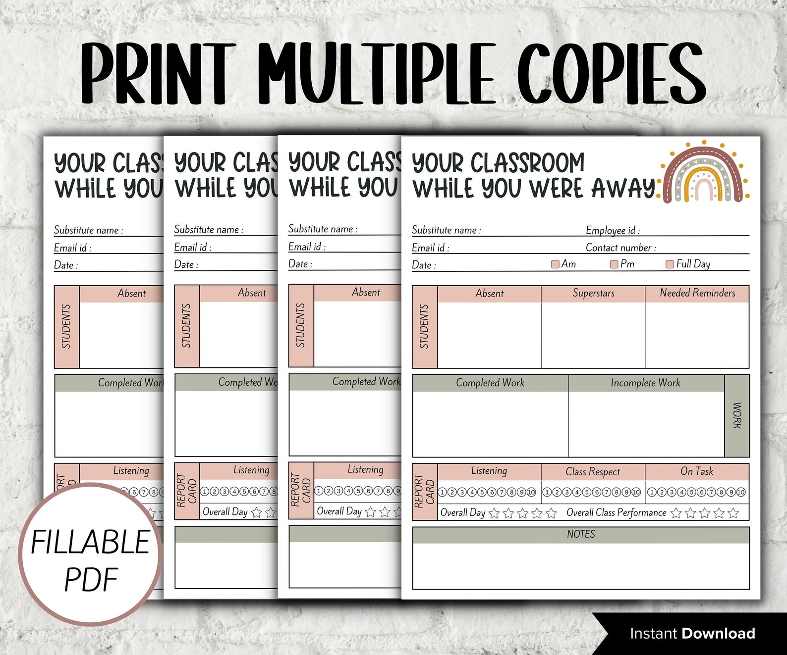 Fillable Substitute Teacher Notes I While You Were Away I Printable ...