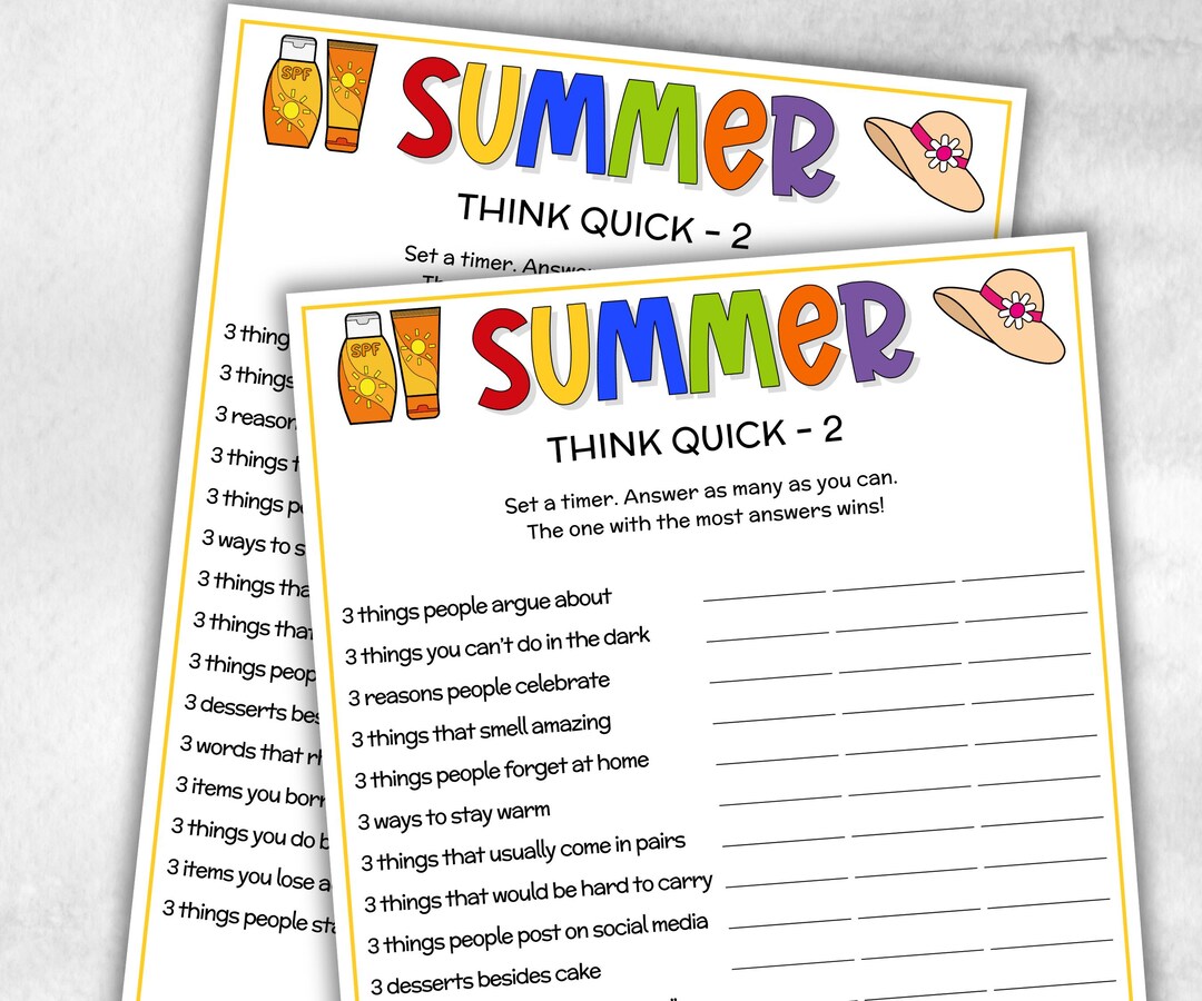 Summer Think Quick Game, End of School Summer Activities, Summer ...