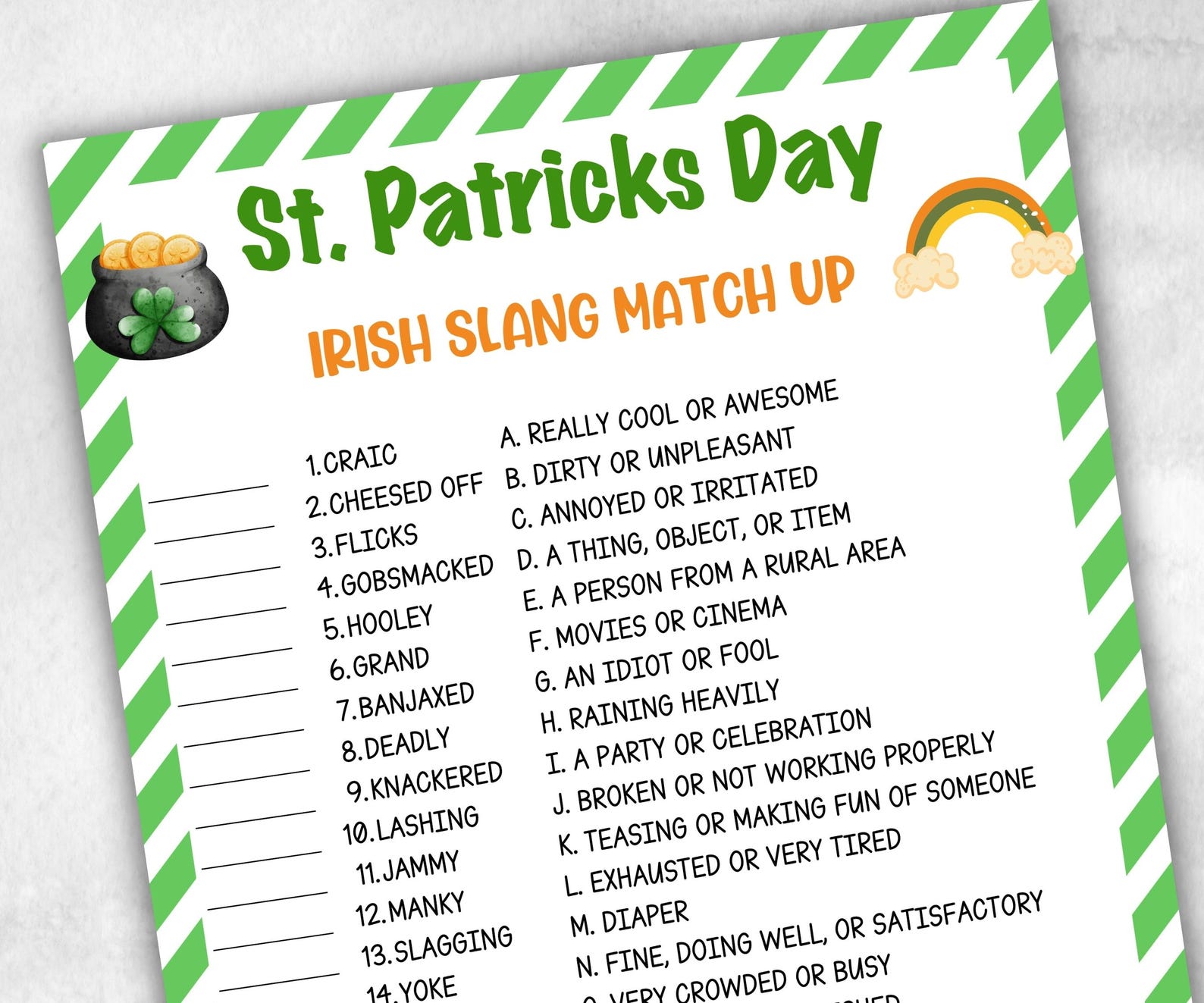 St. Patrick's Day Irish Slang Match Up, Office Fun, No Drinking ...