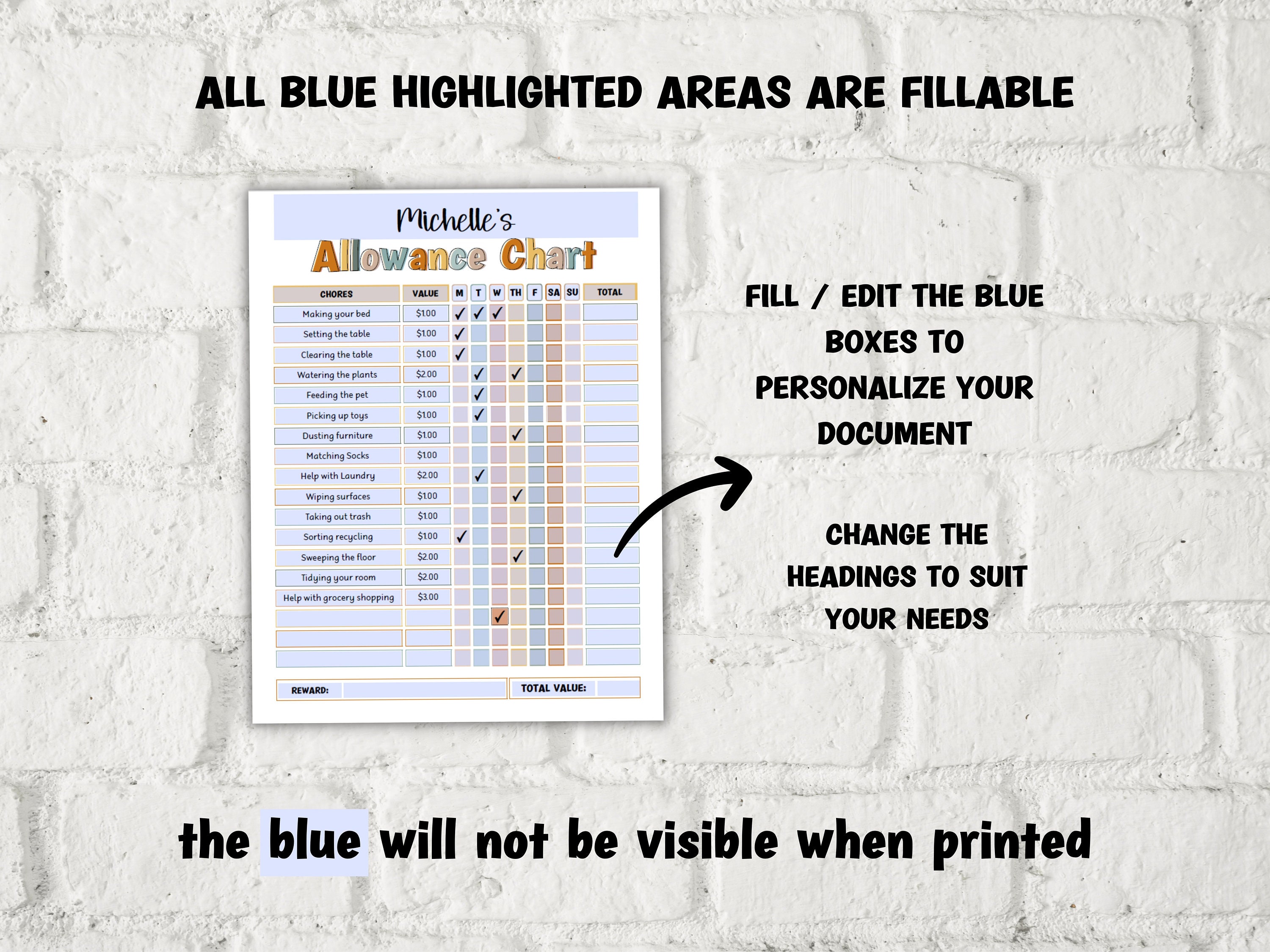 Editable Allowance Chart, Allowance Tracker, Chore Chart Tracker, Kids ...