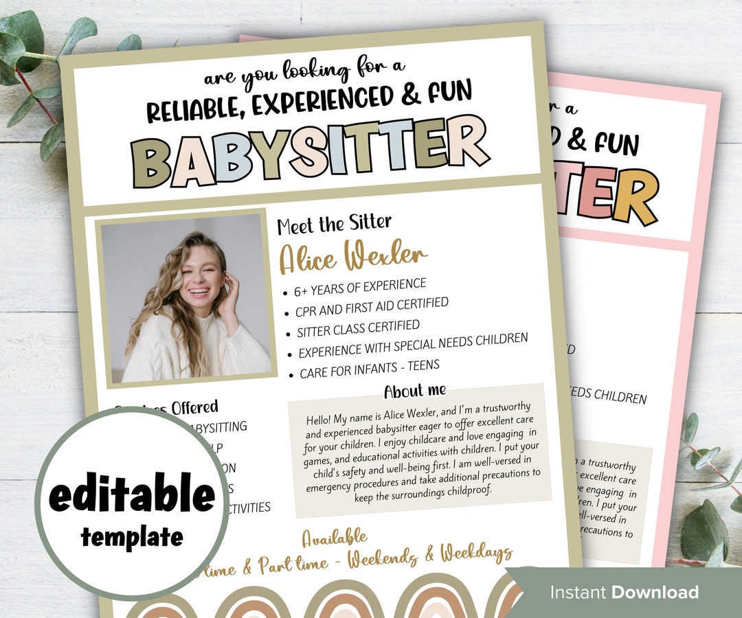 Editable Babysitter Flyer, Childcare Services Community Caretaker ...