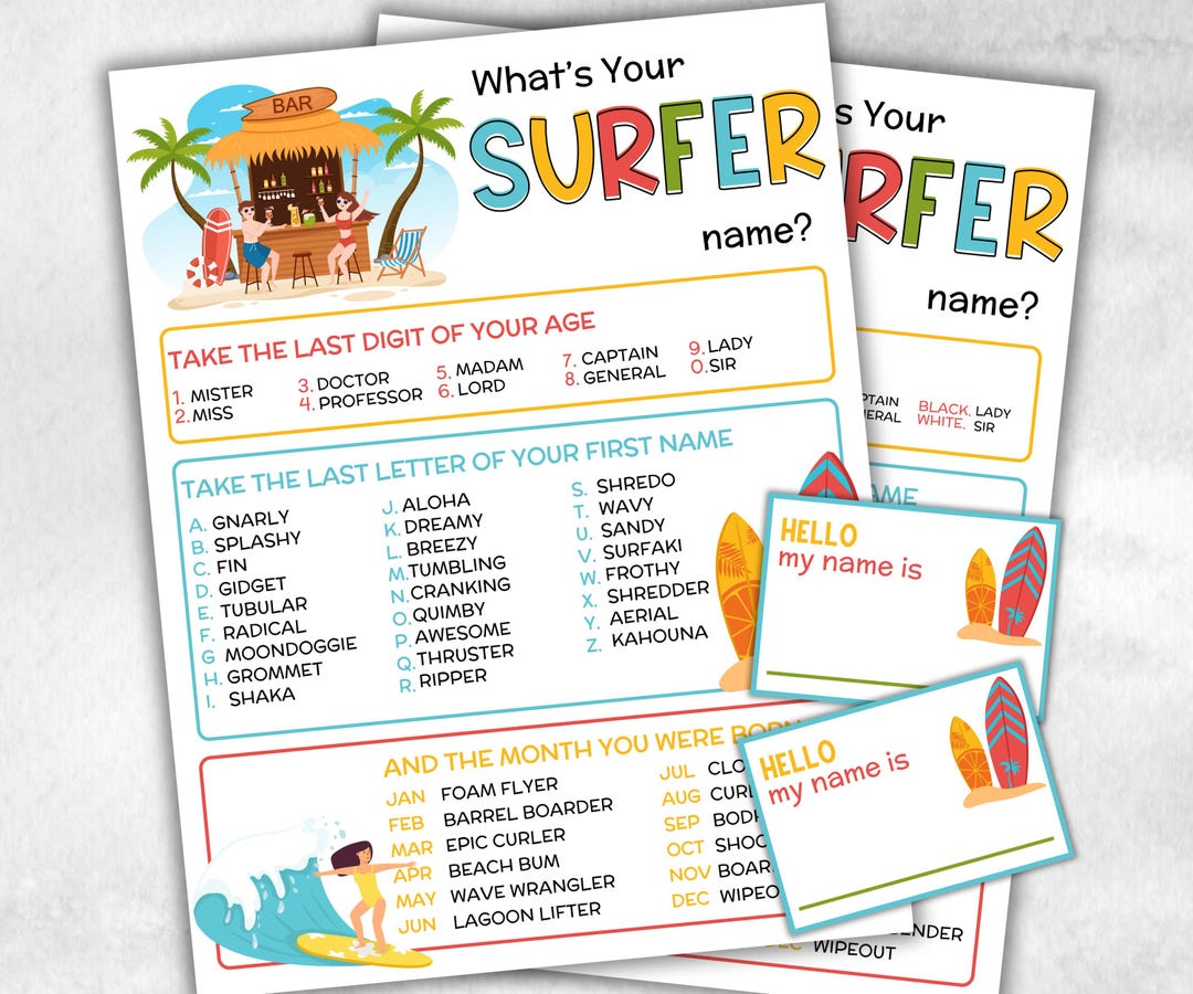 What is Your Surfer Name Printable Game, Office Party, Daycare Name ...