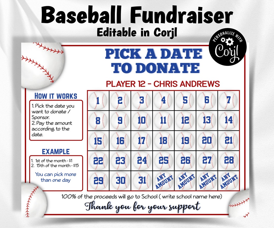 Baseball Calendar Fundraiser | Editable in Corjl File | Baseball ...