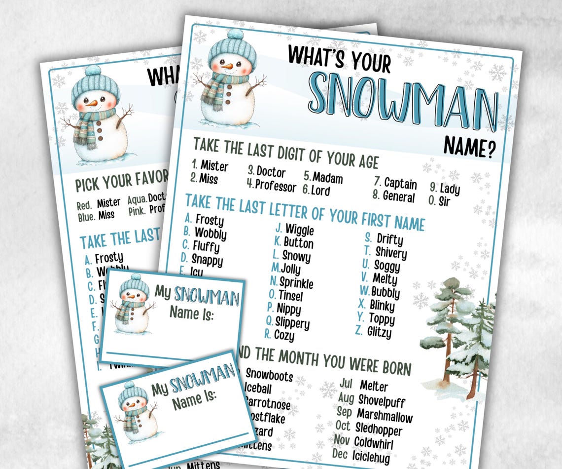 Whats Your Snowman Name Game, Office Party Game, Snowman Name Tags ...