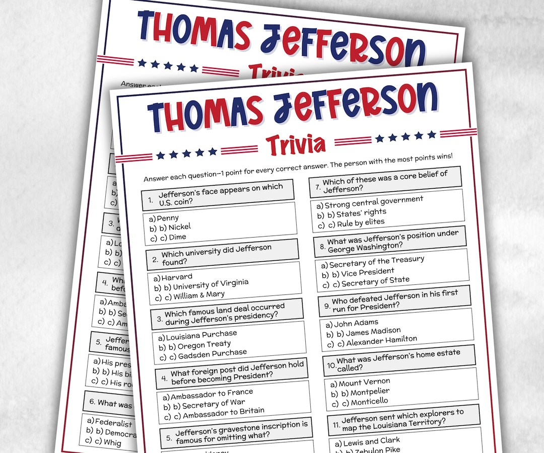 Thomas Jefferson Trivia, Drinking game, American Trivia, Classroom ...