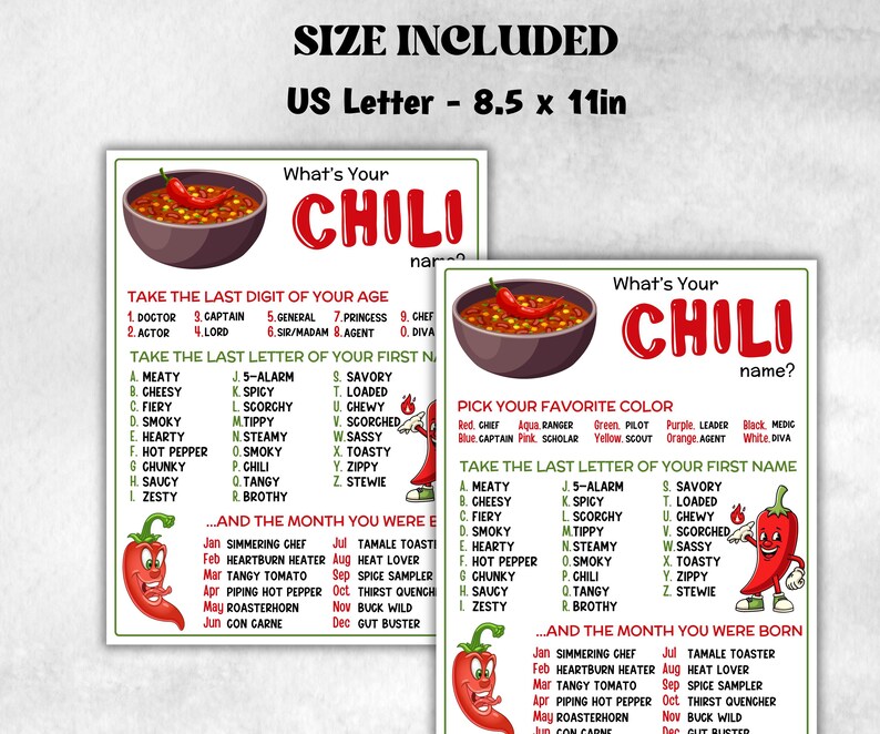 What is Your Chili Name Printable Game, Office Party, Daycare, Name ...