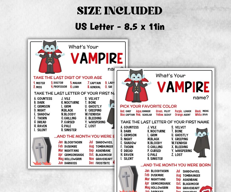 What is Your Vampire Name Printable Game, Office Party, Daycare ...