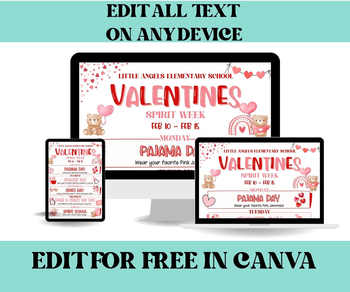 Customizable Valentine's School Spirit Week Flyer, PTO Schedule ...