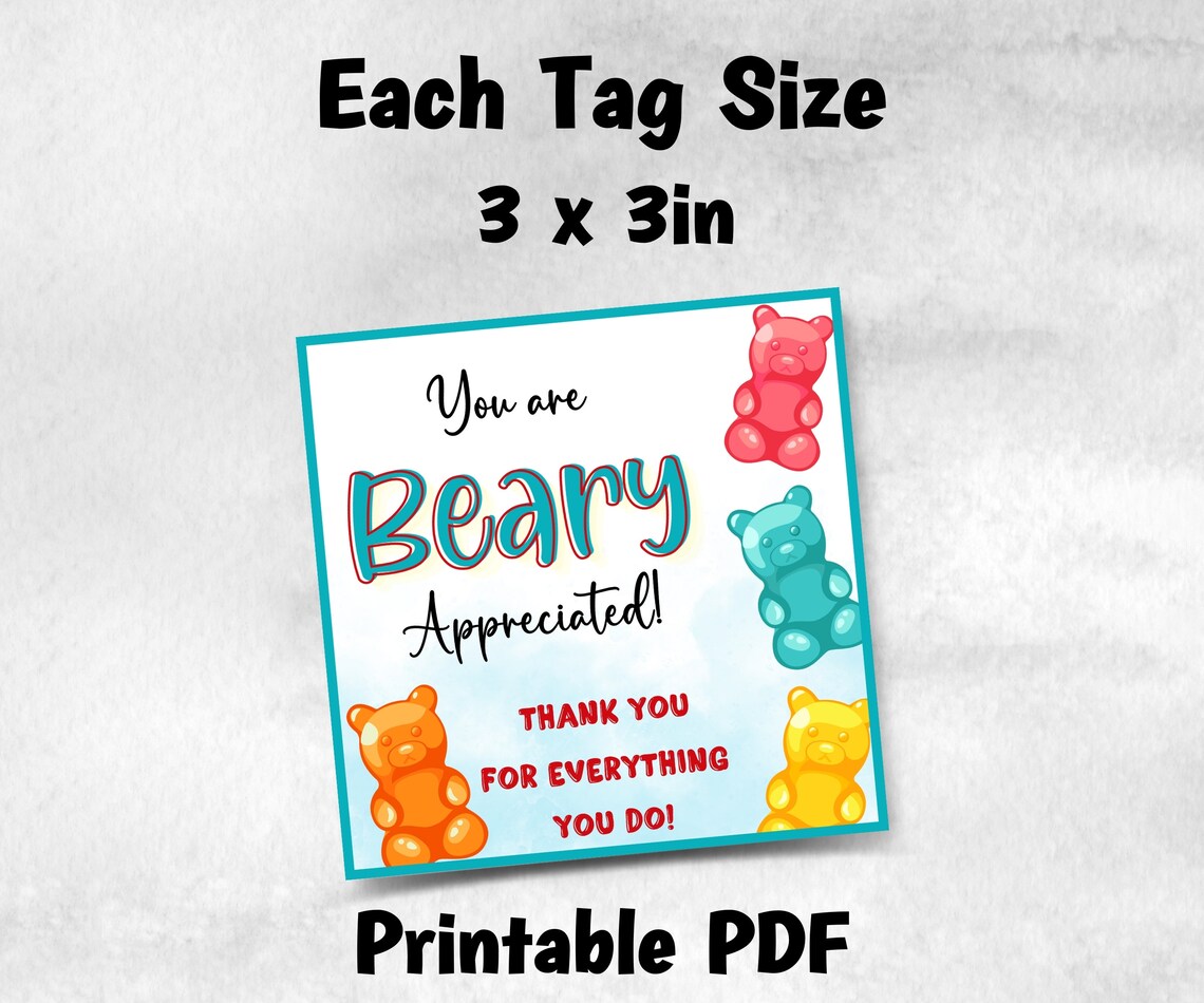 Beary Appreciated Teacher Appreciation Treat Tag, End of Year Snack Tag ...