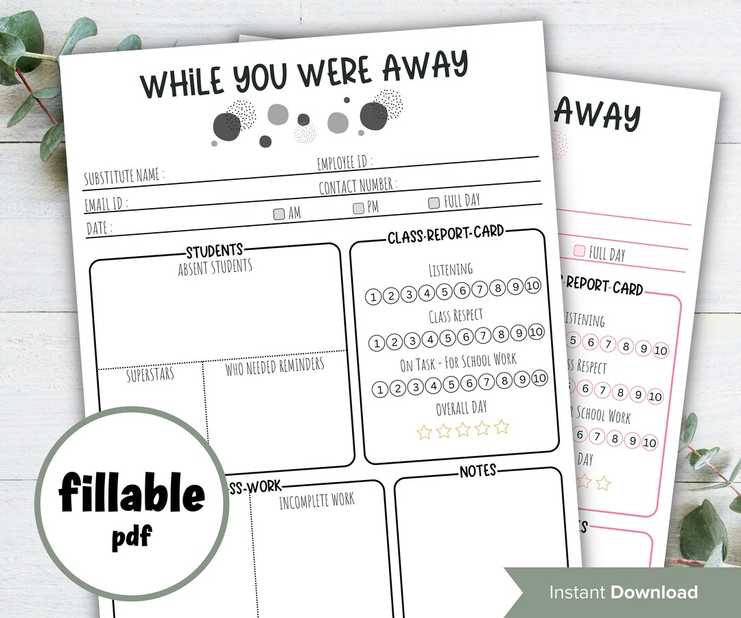Fillable Editable Substitute Teacher Notes I While You Were Away I ...