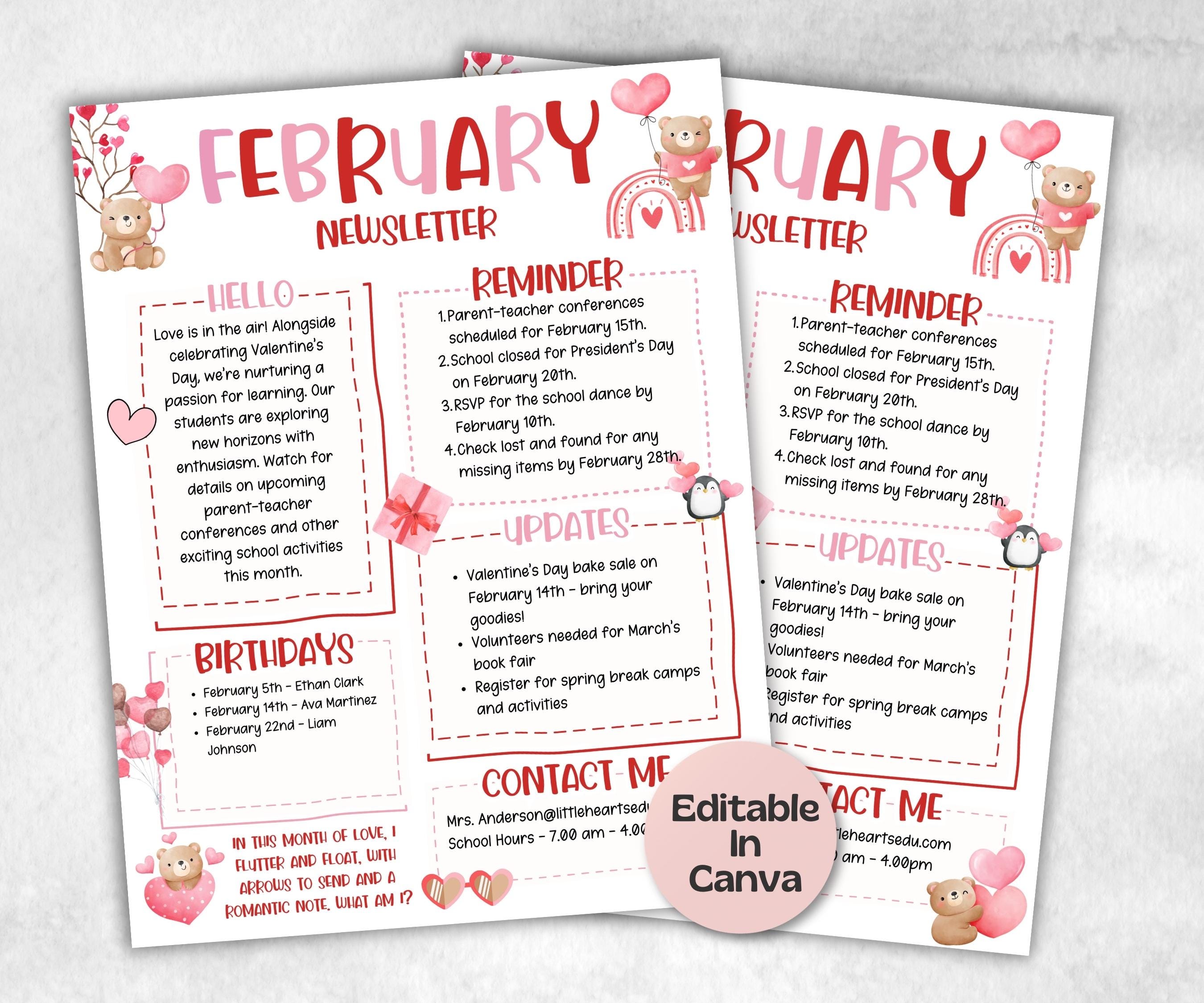 February Valentines Classroom Newsletter, Daycare Newsletter ...