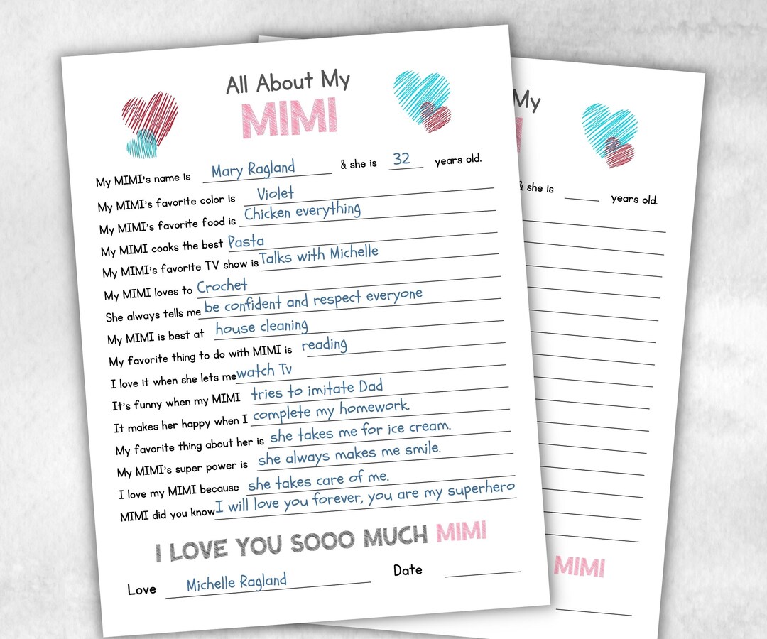 All About My Mimi Card Questionnaire, Personalized Gift, Mimi Gift From ...