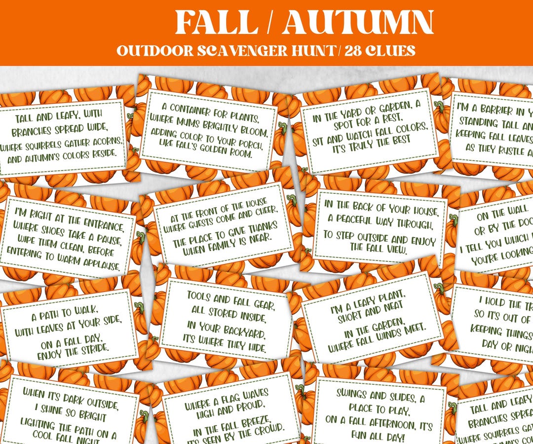 Fall Autumn Scavenger Hunt Clues for Kids, Outdoor Thanksgiving ...