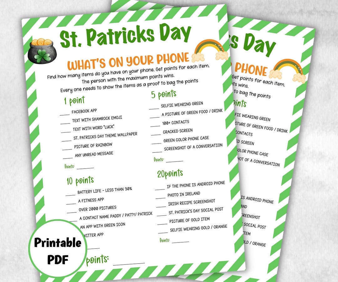 St. Patrick's Day What's on Your Phone Game, Non-drinking Activity ...