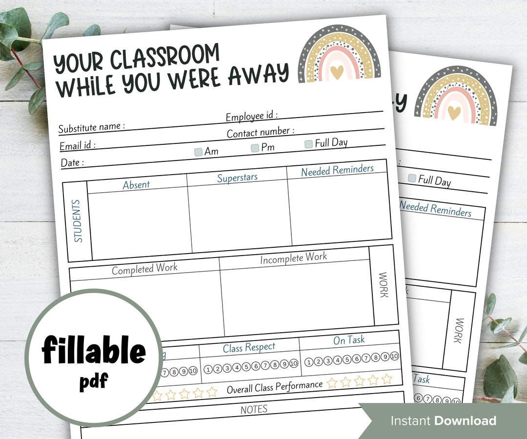 Fillable Substitute Teacher Notes I While You Were Away I Printable ...
