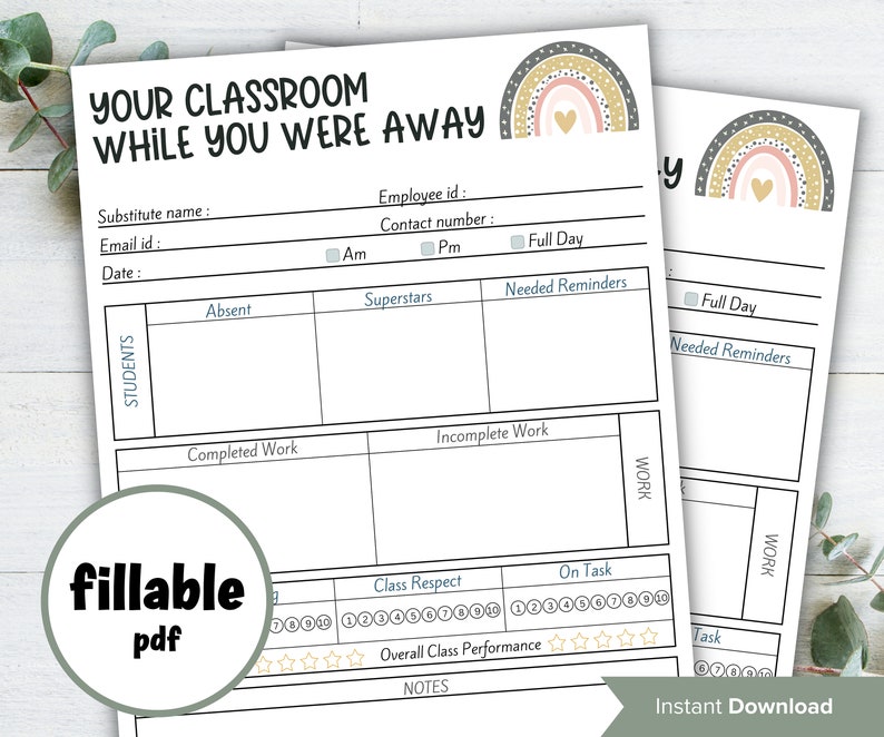 Fillable Substitute Teacher Notes I While You Were Away I - Etsy