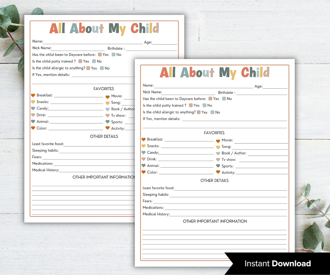 Daycare All About Me Printable I Daycare Questions I Daycare ...