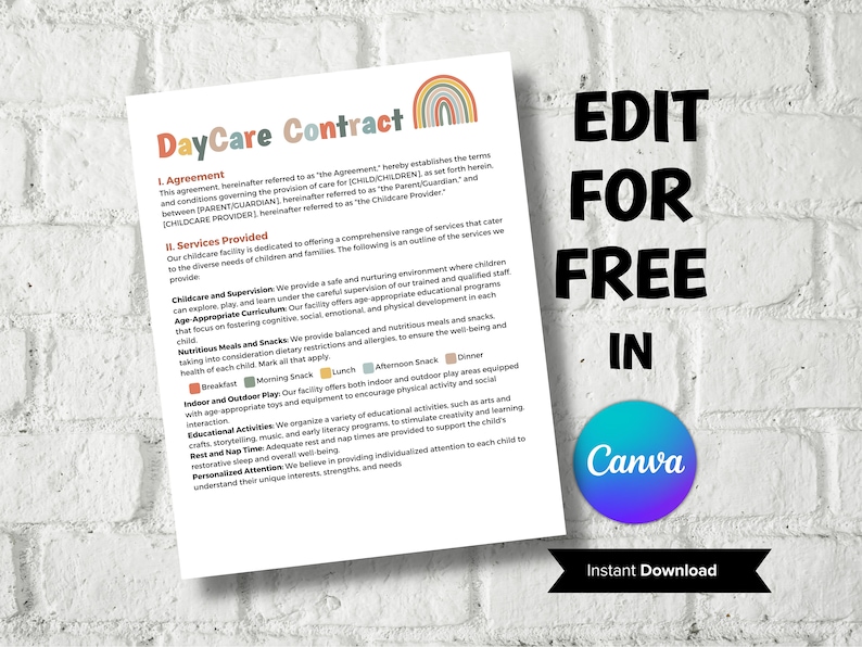 Editable Daycare Contract, Home Daycare Contract, Daycare Agreement ...
