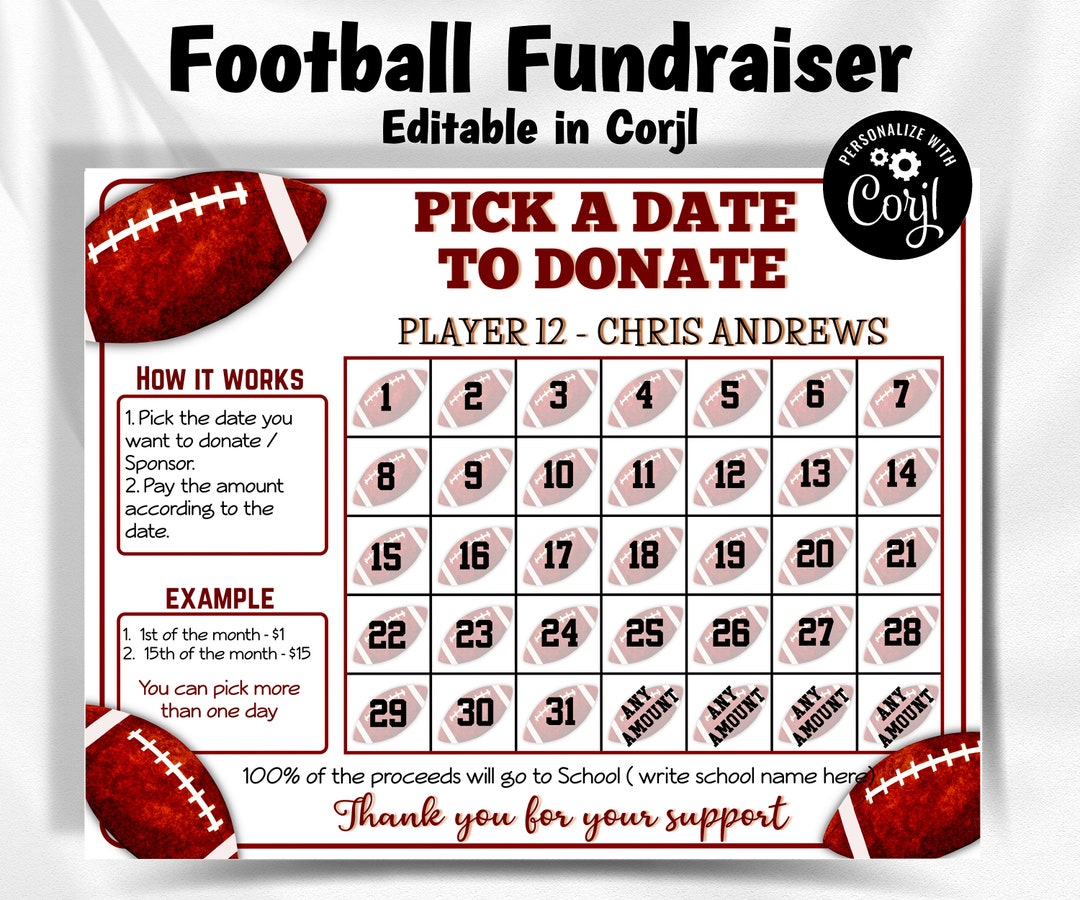 Editable Football Fundraiser Calendar | Pick A Date to Donate Printable ...