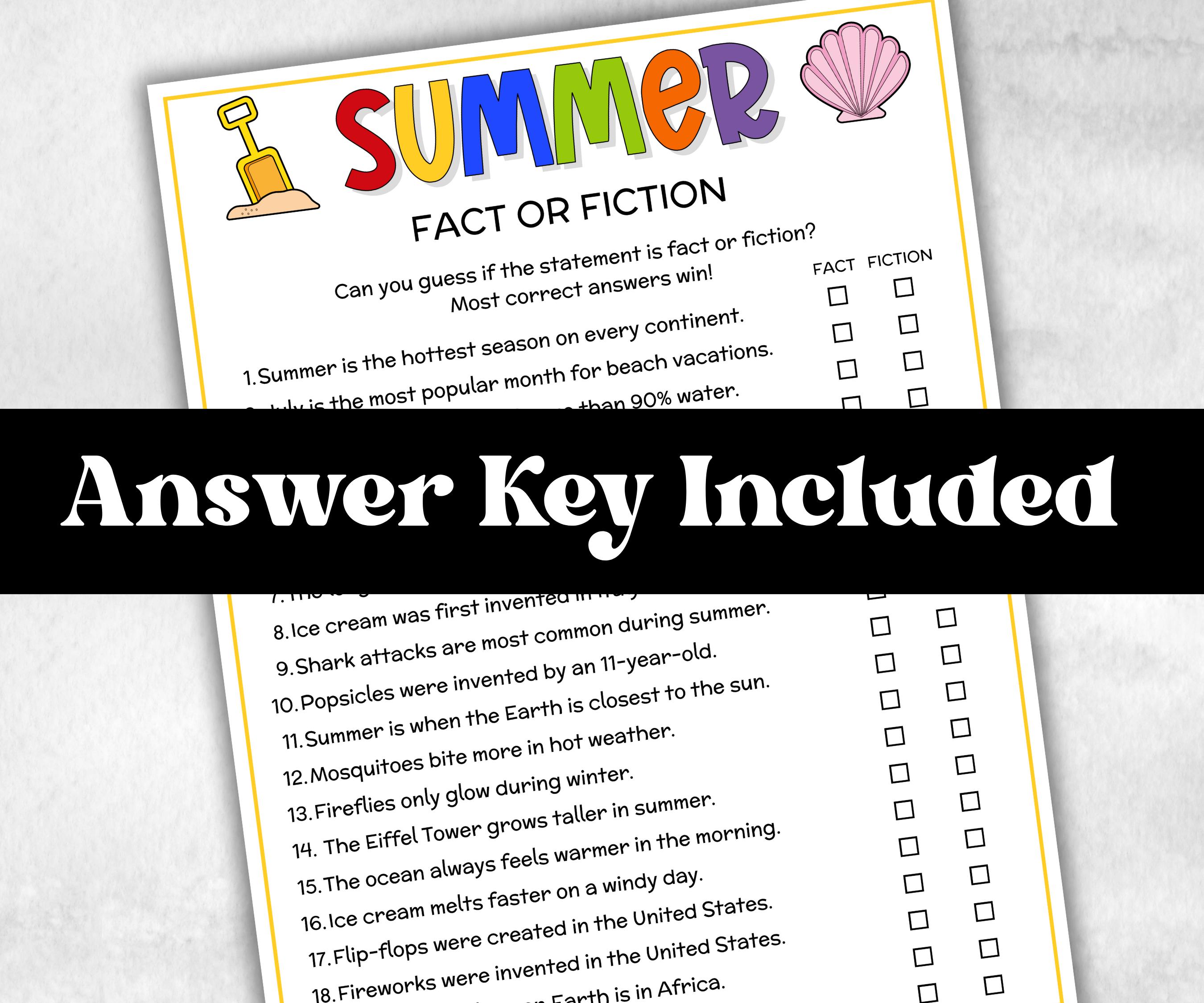 Summer Fact or Fiction, True or False, End of School Summer Activities ...