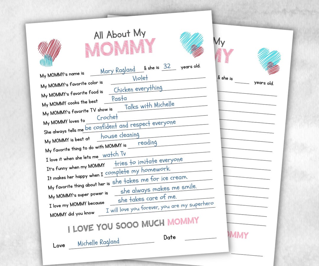 All About My Mommy Card Questionnaire, Personalized Gift, Coloring ...
