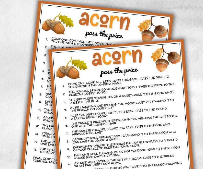 Acorn Party Pass the Prize, Left Right Game, Fall Autumn Themed ...