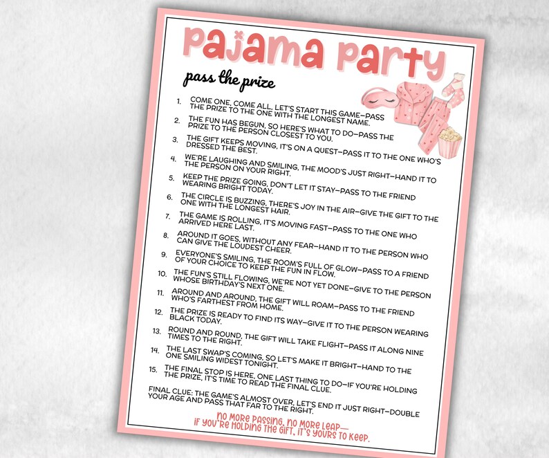 Pajama Party Pass the Prize Game, Girls Night Out Game, Birthday Party ...