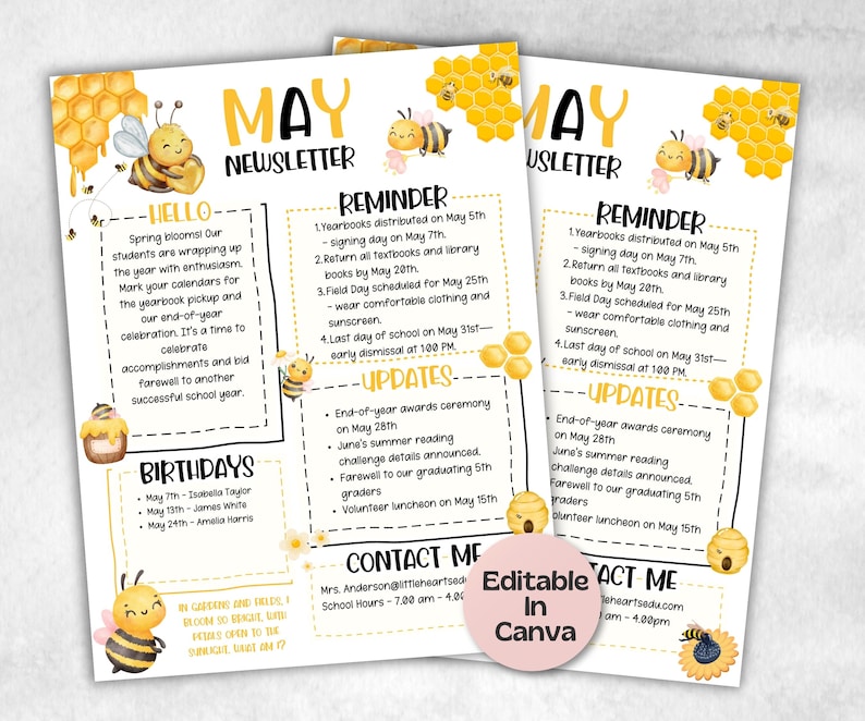 May Honeybee Classroom Newsletter, Daycare Class Newsletter, Newsletter ...