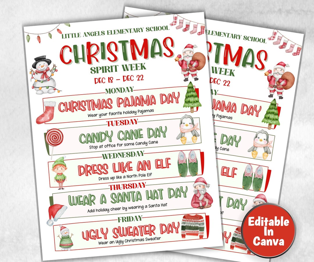 Customizable Holiday School Spirit Week Flyer, PTO Schedule, December ...
