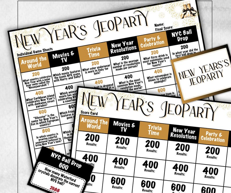 New Years Jeopardy, Trivia Party, Printable Adult & Teen Activity, New ...