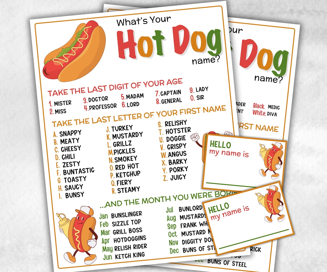 What is Your Hot Dog Name Printable Game, Office Party, Daycare, Name ...