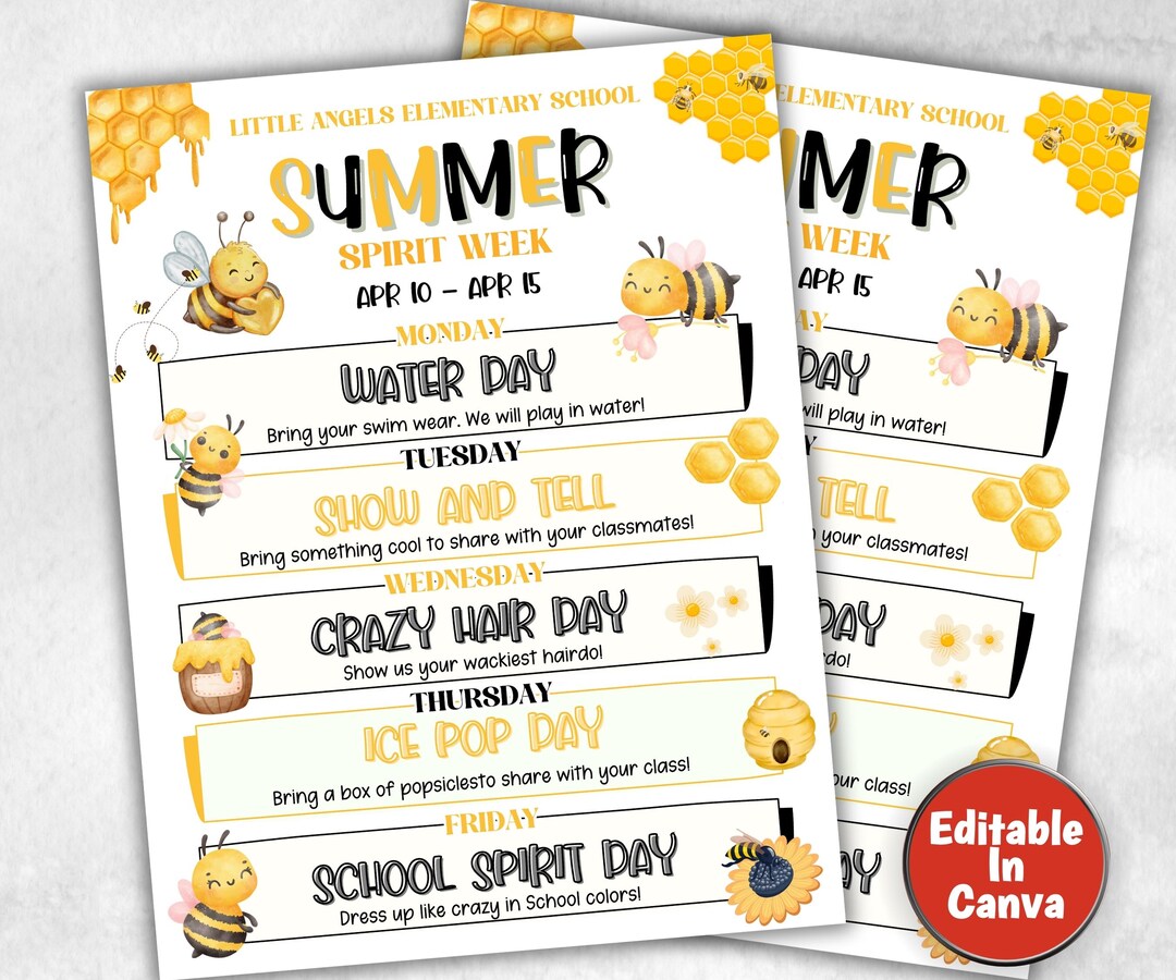 Editable Summer School Spirit Week Flyer, PTO Schedule, Summer ...