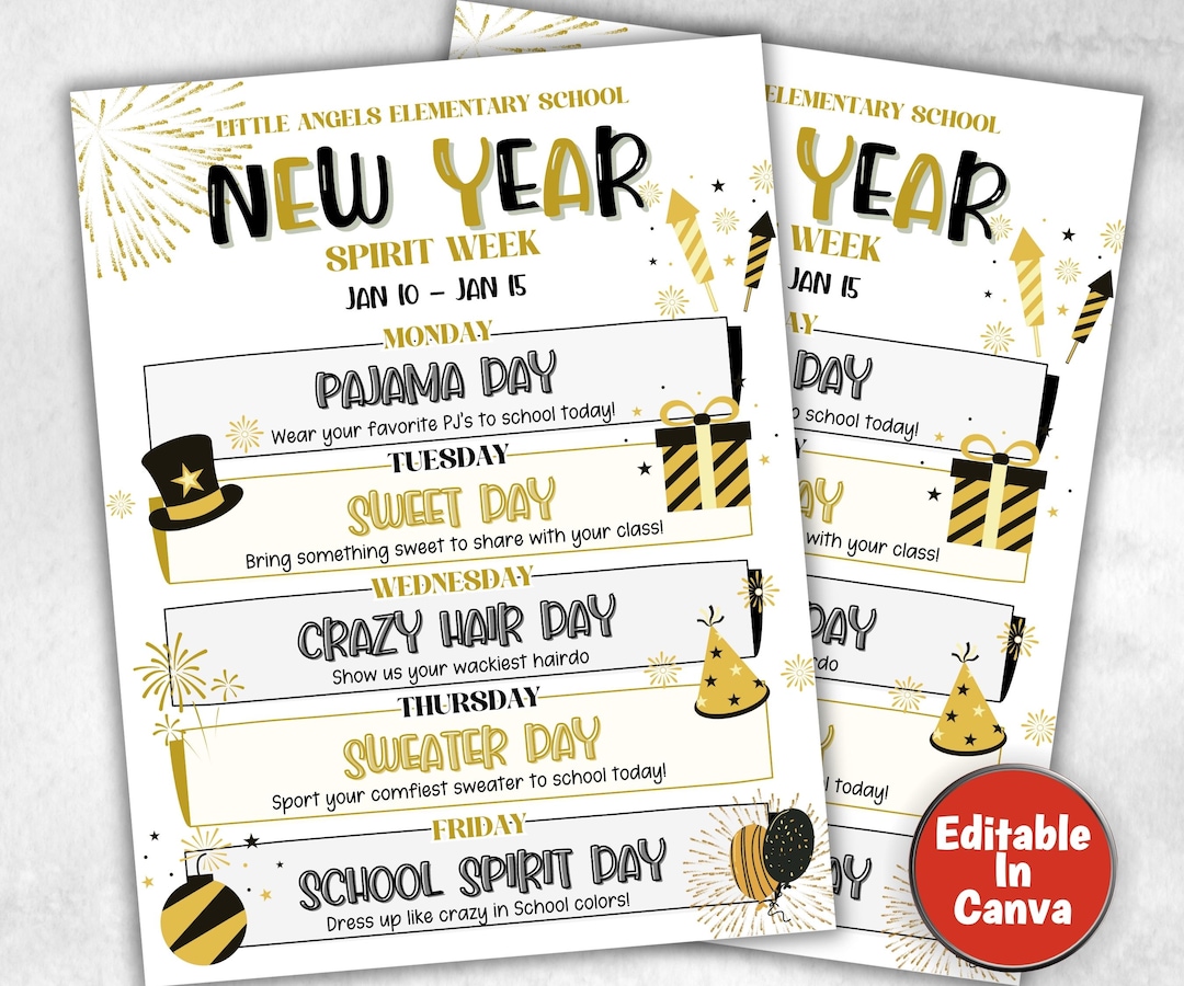 Customizable New Year's School Spirit Week Flyer, PTO Schedule, January ...
