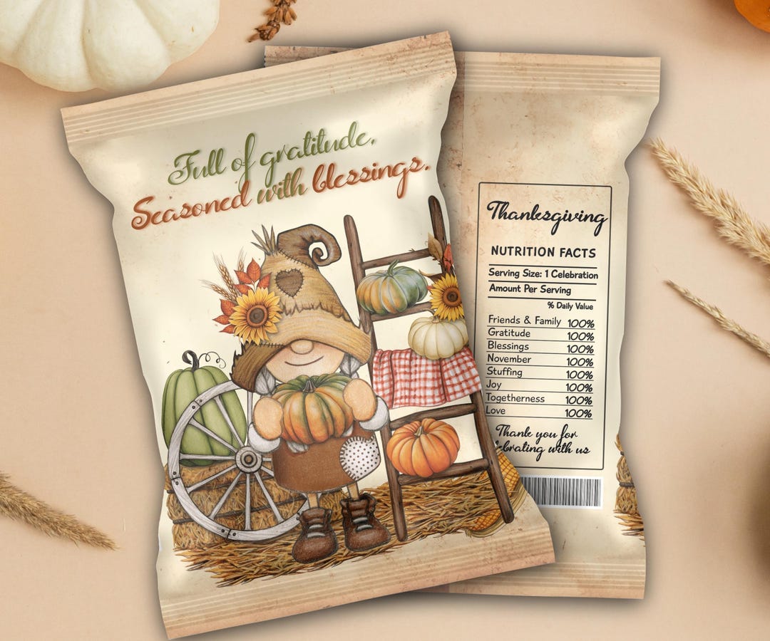 Pumpkin Gnome Chip Bag Template, Fall Party Favors, Thanksgiving Chip ...