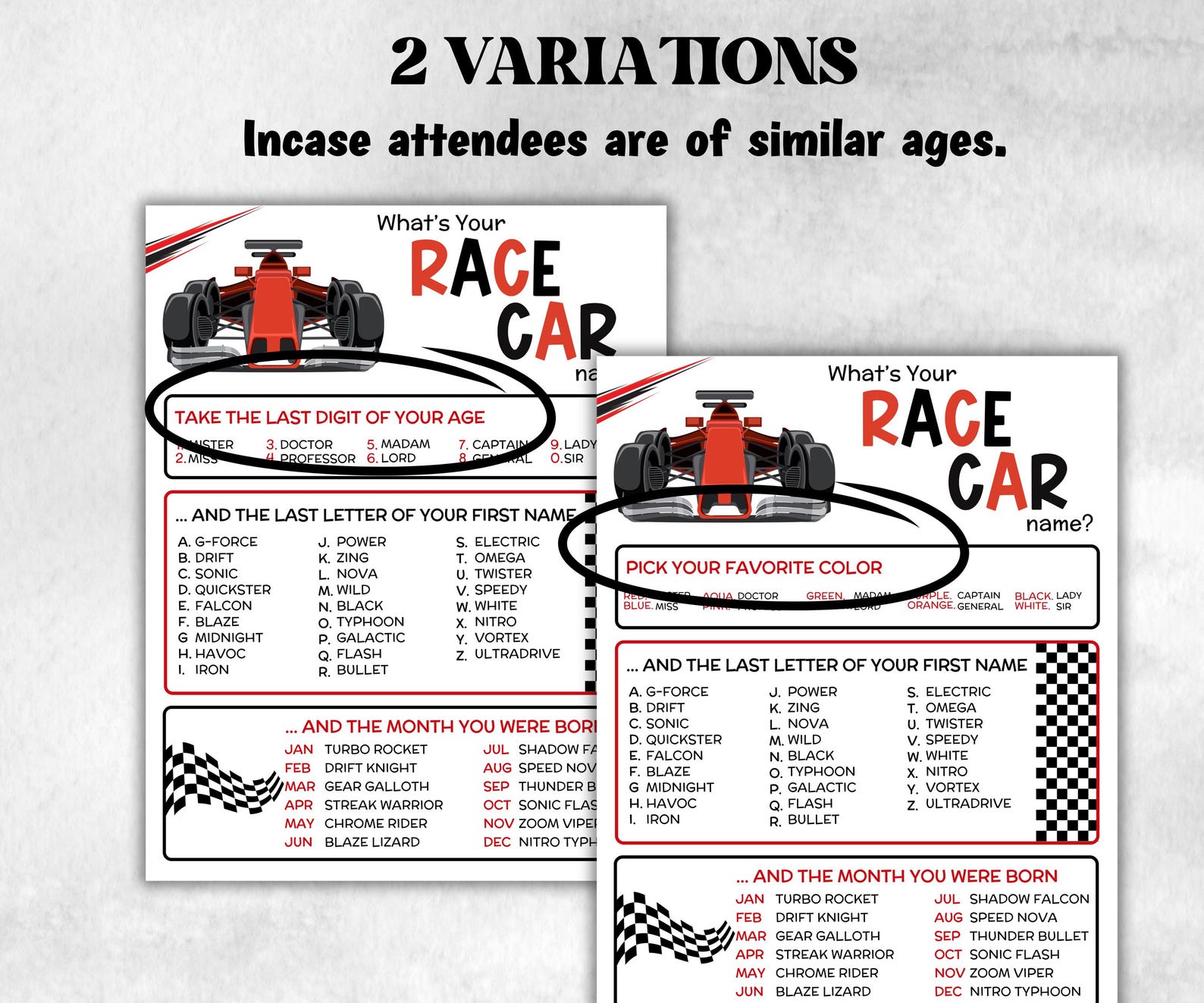 What is Your Race Car Name Printable Game, Office Party, Daycare Name ...