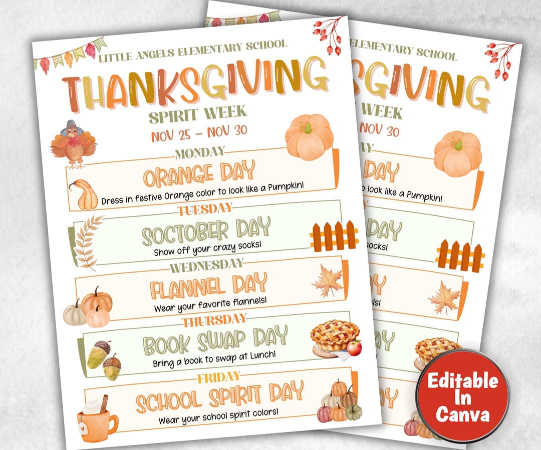 Customizable Thanksgiving School Spirit Week Flyer, PTO Schedule ...