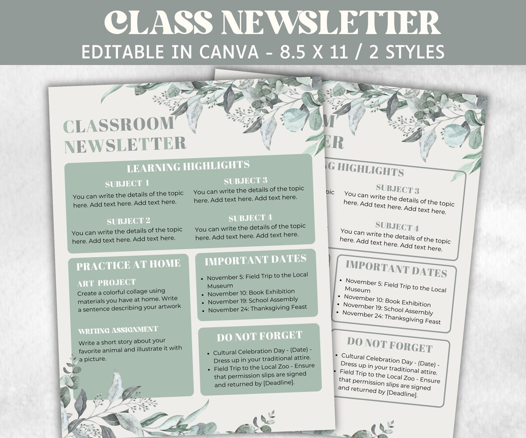 Classroom Teacher Newsletter, Editable School Newsletter Template ...