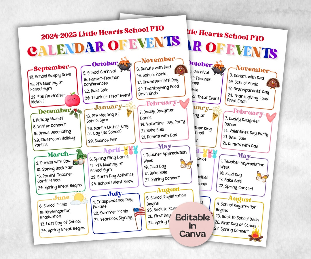 PTA Monthly Calendar, PTO Calendar, Calendar of Events, School Calendar ...