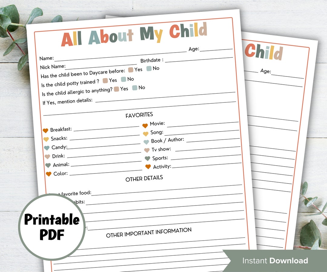 Daycare All About Me Printable I Daycare Questions I Daycare ...