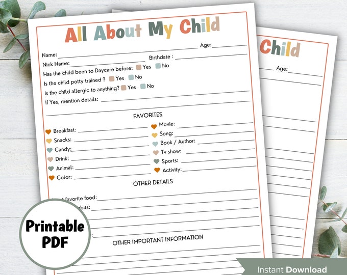 Daycare All About Me Form | Daycare Questionnaire | Get to Know Me ...