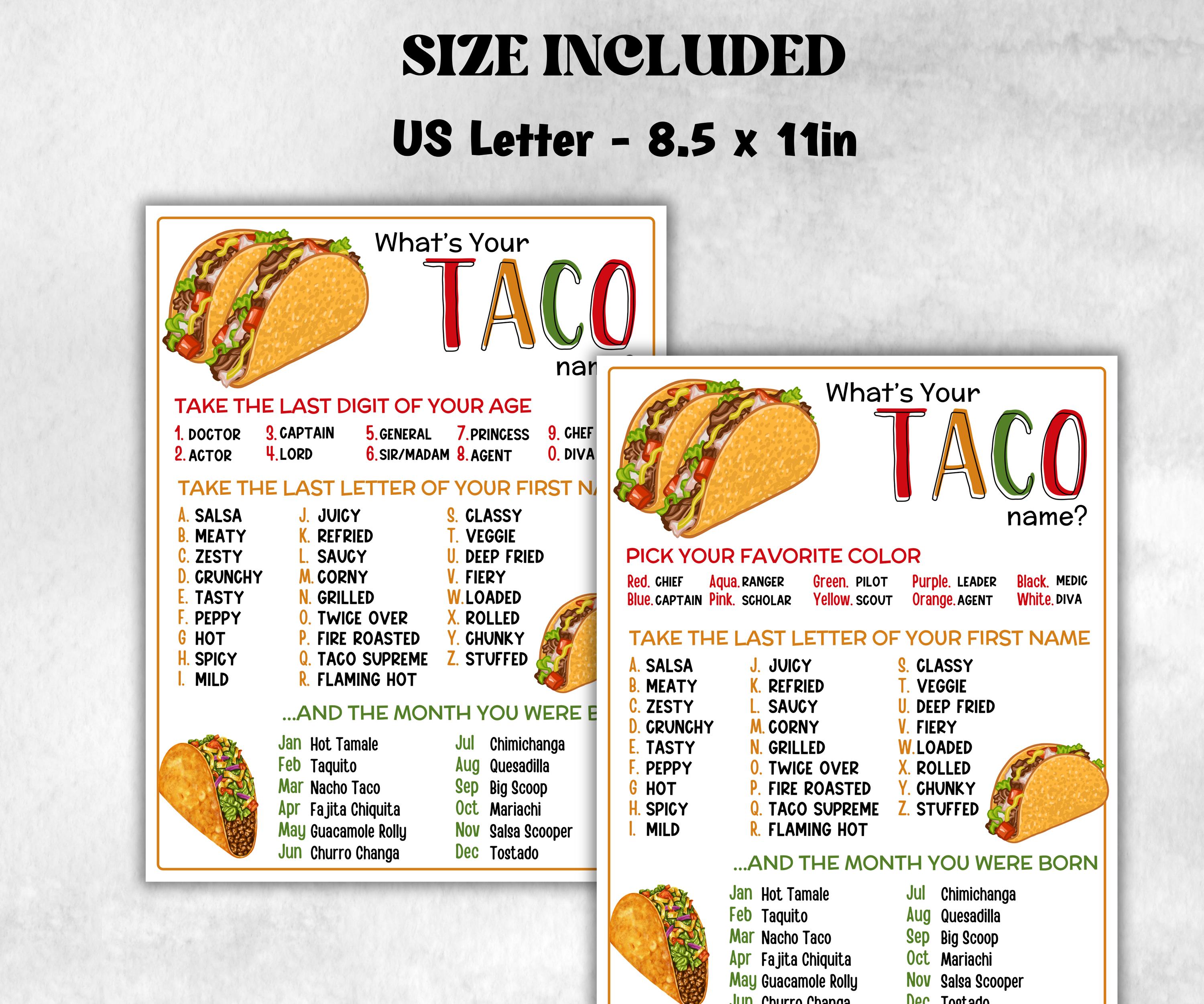 What is Your Tacos Name Printable Game, Office Party, Daycare, Name ...